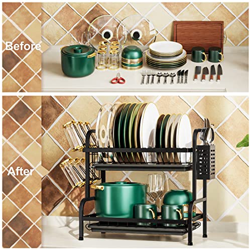 iSPECLE Dish Drying Rack for Kitchen Counter 2 Tier Dish Rack with Cup Holder, Dish Drainer with Drainboard and Utensil Holder Large Capacity for Small Kitchen Countertop Saving Space