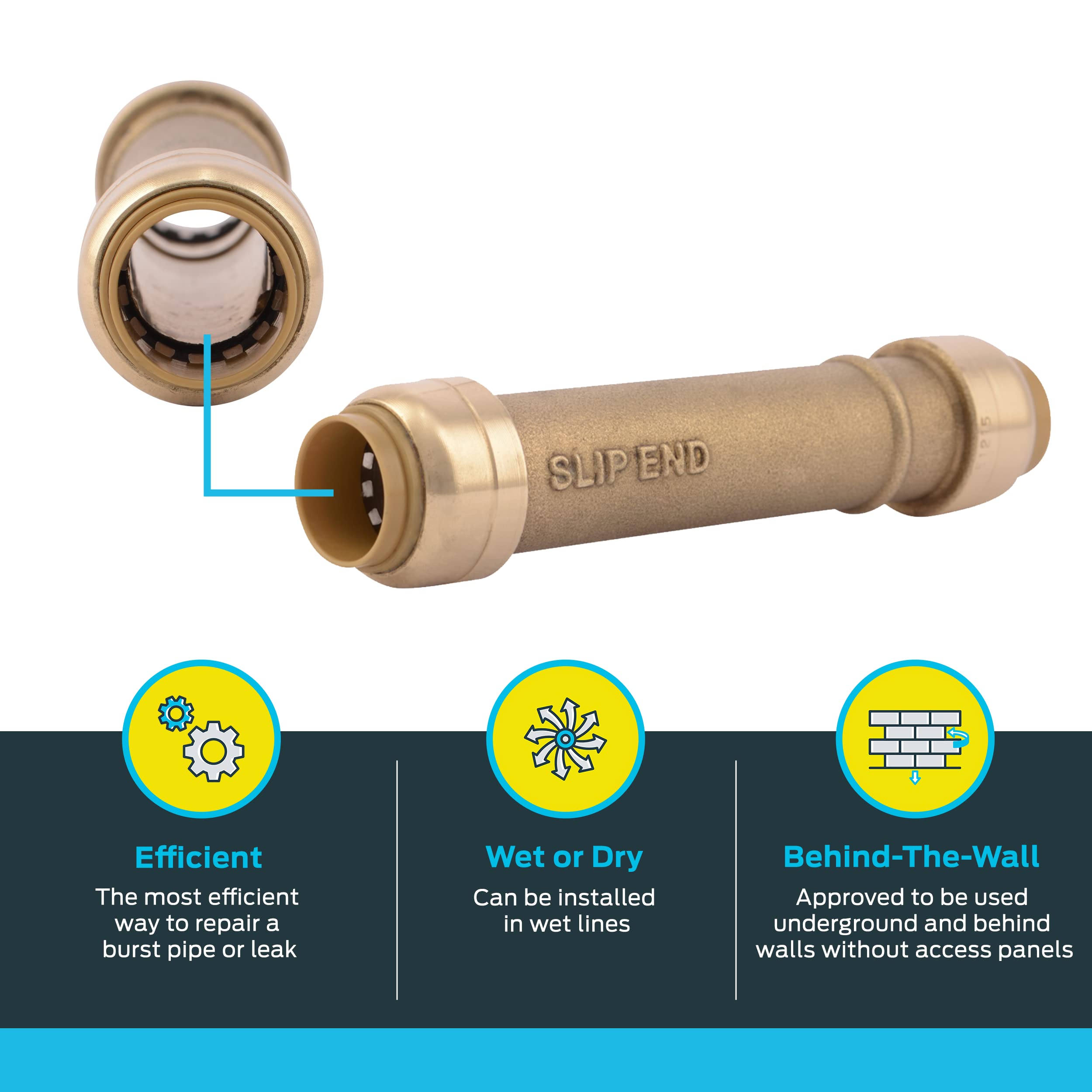 SharkBite 1/2 Inch Slip Coupling, Push to Connect Brass Plumbing Fitting, PEX Pipe, Copper, CPVC, PE-RT, HDPE, U3008LFA