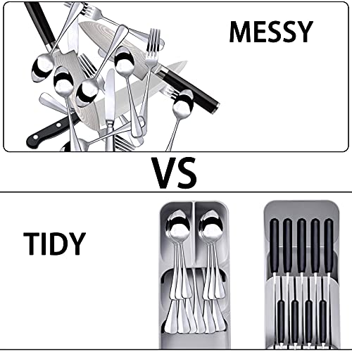 MIXHOMIC Kitchen Drawer Organizer, Knives Block & Cutlery Organizer Set, Cutlery Organizer in Drawer, Drawer Store Tray for Cutlery Knives Fork Spoon, Silverware Organizer Partition Storage Box