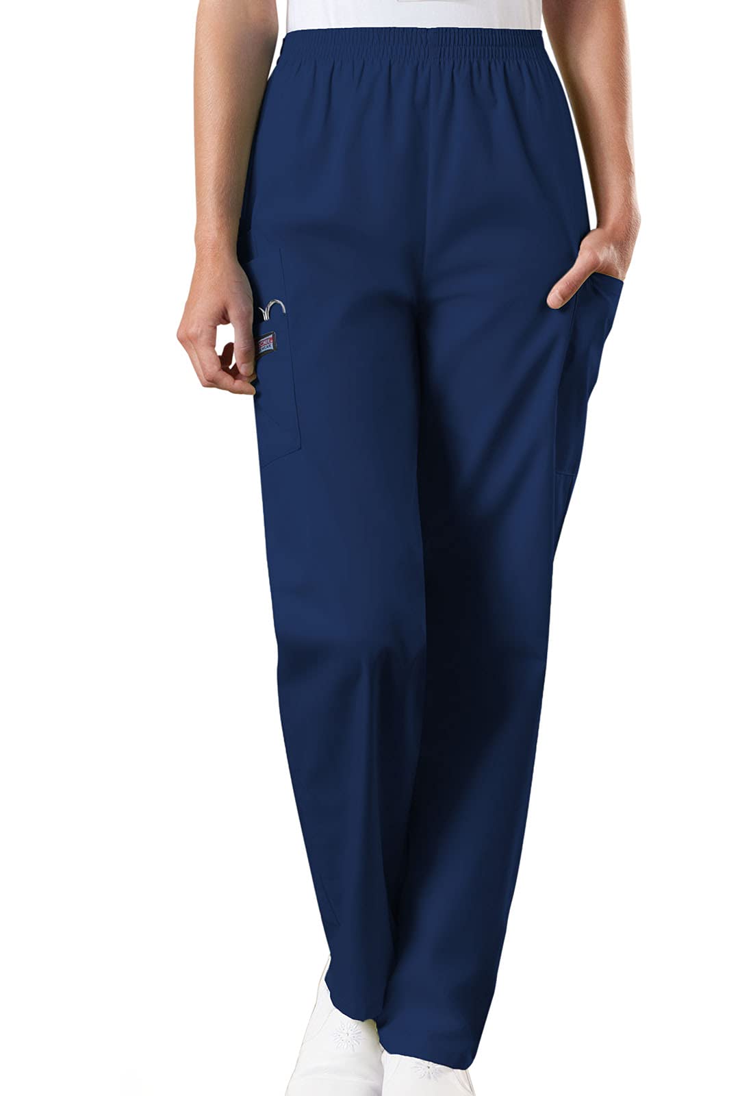 Cherokee Women's Plus Workwear Elastic Waist Cargo Scrubs Pant, Navy, XXX-Large Petite