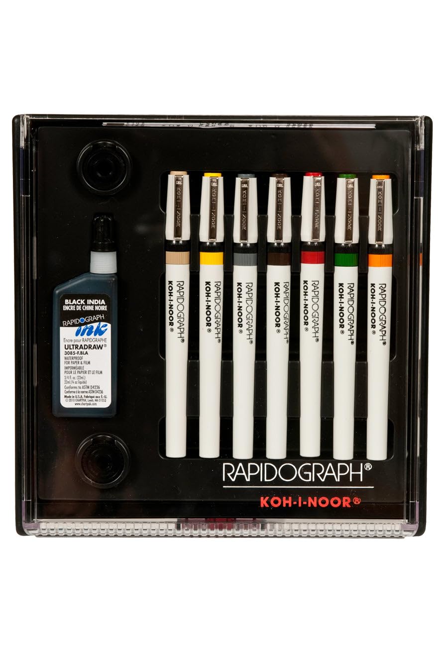 Koh-I-Noor Rapidograph Artist Pen & Ink Set, 7 Assorted Pen Nibs and .75 oz. Bottle of TransMix Black Ink, 1 Set Each (3165SP7A)