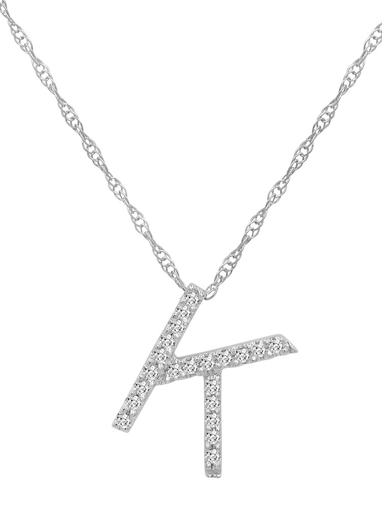 14K White Gold Diamond "K" Initial Pendant, 16" Necklace