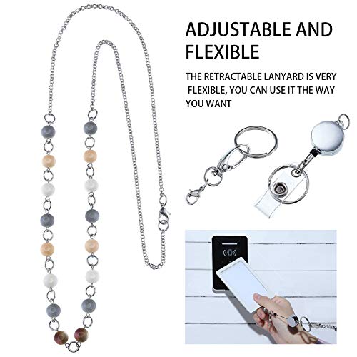 3 Pieces ID Badge Lanyard Necklace with ID Holder Clip Stainless Steel Beaded Chain Retractable Badge Reel Valentine Present (Chic Style)