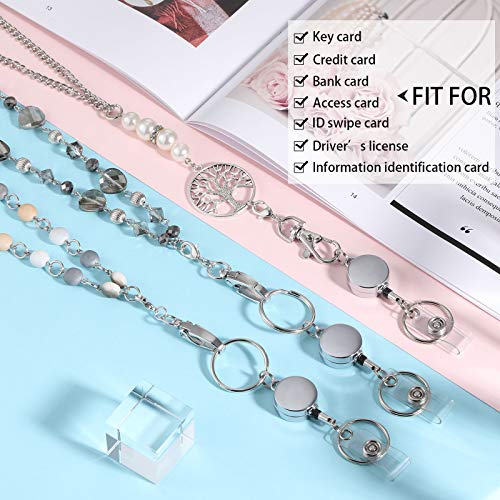 3 Pieces ID Badge Lanyard Necklace with ID Holder Clip Stainless Steel Beaded Chain Retractable Badge Reel Valentine Present (Chic Style)