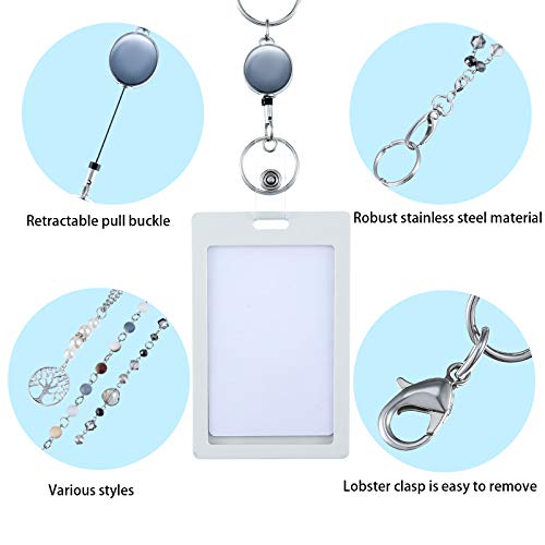 3 Pieces ID Badge Lanyard Necklace with ID Holder Clip Stainless Steel Beaded Chain Retractable Badge Reel Valentine Present (Chic Style)