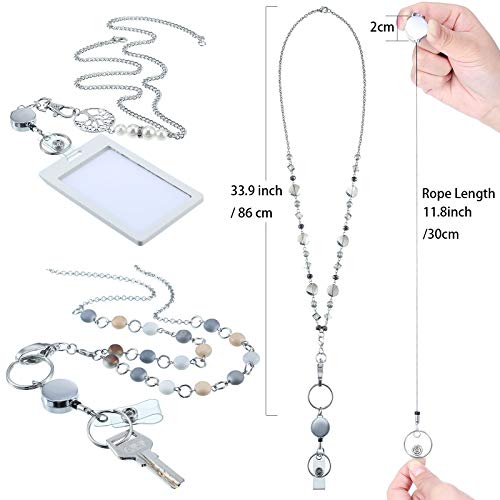 3 Pieces ID Badge Lanyard Necklace with ID Holder Clip Stainless Steel Beaded Chain Retractable Badge Reel Valentine Present (Chic Style)