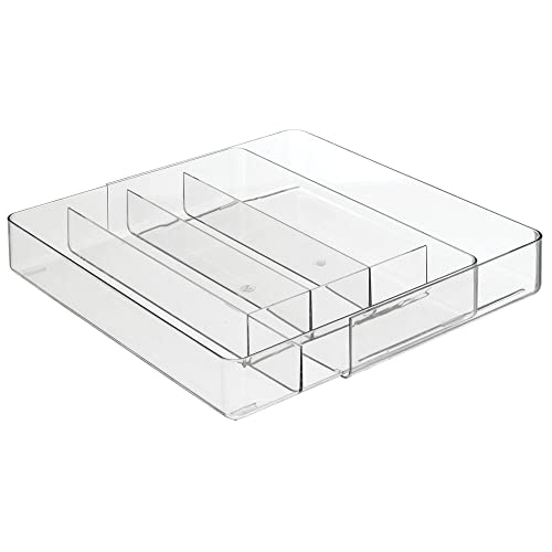 mDesign Adjustable, Expandable Plastic Kitchen Cabinet Drawer Storage Organizer Tray - for Storing Organizing Cutlery, Spoons, Cooking Utensils, Gadgets - Clear