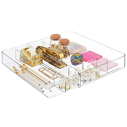 mDesign Adjustable, Expandable Plastic Kitchen Cabinet Drawer Storage Organizer Tray - for Storing Organizing Cutlery, Spoons, Cooking Utensils, Gadgets - Clear