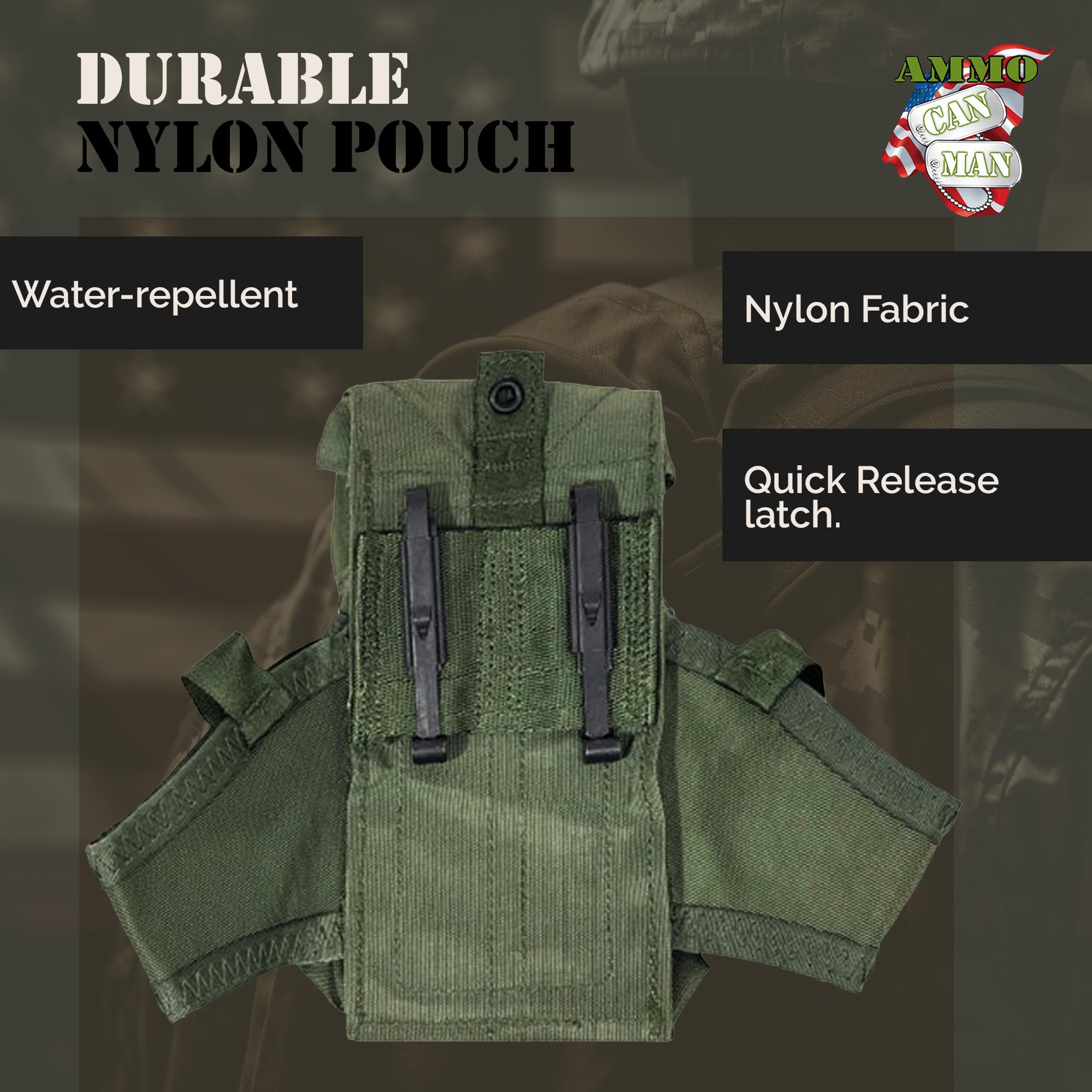 Ammo Can Man US Military Issue OD Olive Drab Green Rifle Magazine Mag Ammo Small Arms Pouch Case with Dual Grenade Carrier and Alice Attachment Clips