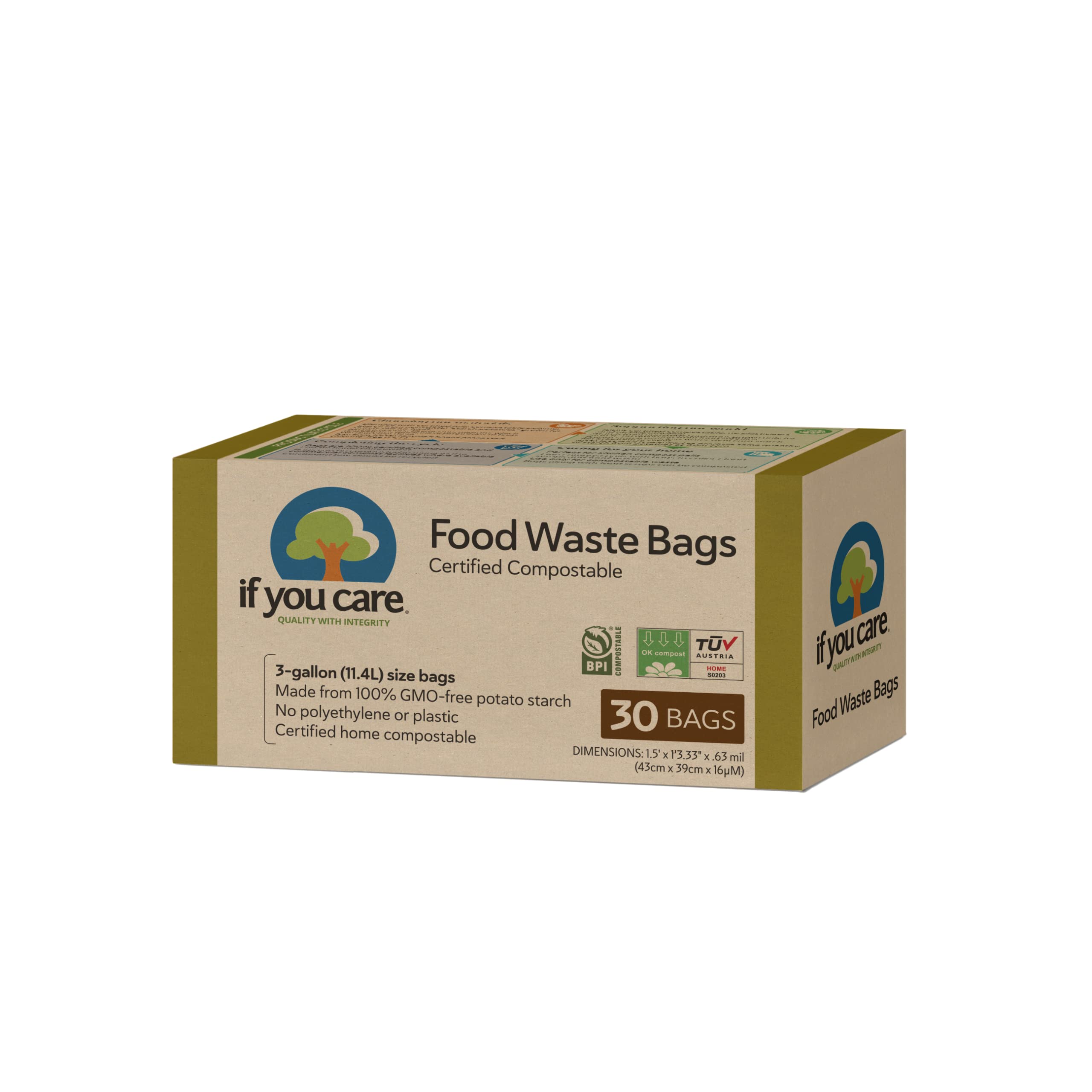 If You Care Compostable Trash Bags for Food Scraps, Kitchen Waste, Garbage â 30 Count, 3 Gallon â Certified Compostable, Non Plastic, Disposable