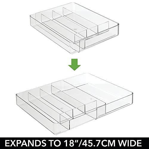 mDesign Adjustable, Expandable Plastic Kitchen Cabinet Drawer Storage Organizer Tray - for Storing Organizing Cutlery, Spoons, Cooking Utensils, Gadgets - Clear