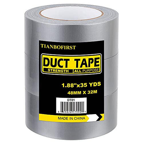 Heavy Duty Silver Duct Tape, Professional Grade Multi-Use Duct Tape, 48mm x 32m (1.88 inches x 35 Yards), 8.27 mil Thickness, Silver, 3 Rolls