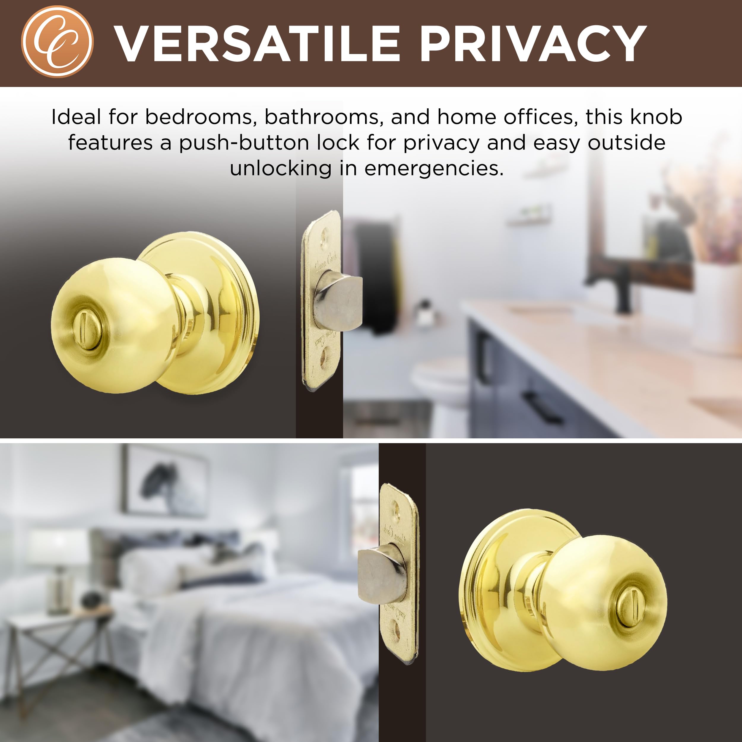 Copper Creek BK2030PB Ball Door Knob, Privacy Function, 1 Pack, Polished Brass