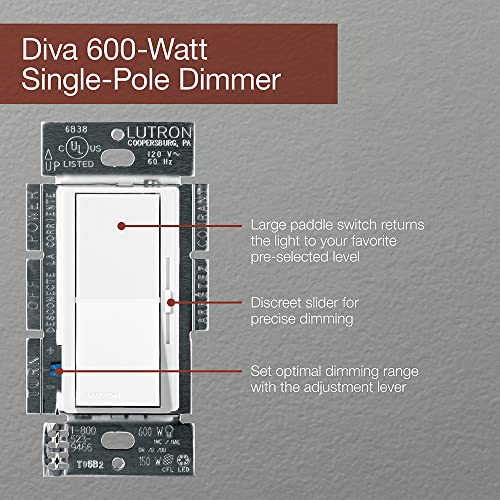 Lutron Diva Dimmer Switch for Incandescent Bulbs, 600-Watt/Single-Pole, DV-600P-LA, Light Almond