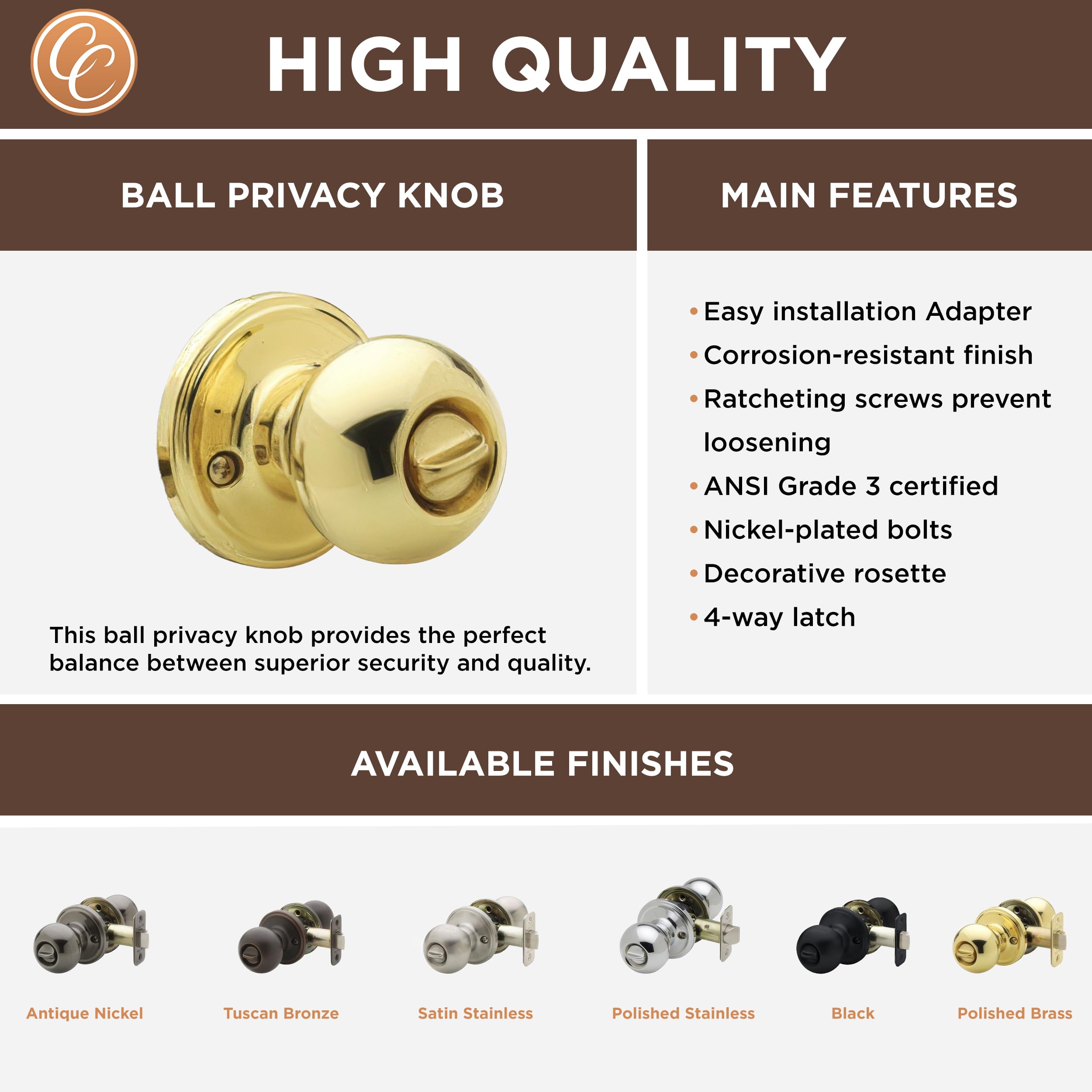 Copper Creek BK2030PB Ball Door Knob, Privacy Function, 1 Pack, Polished Brass
