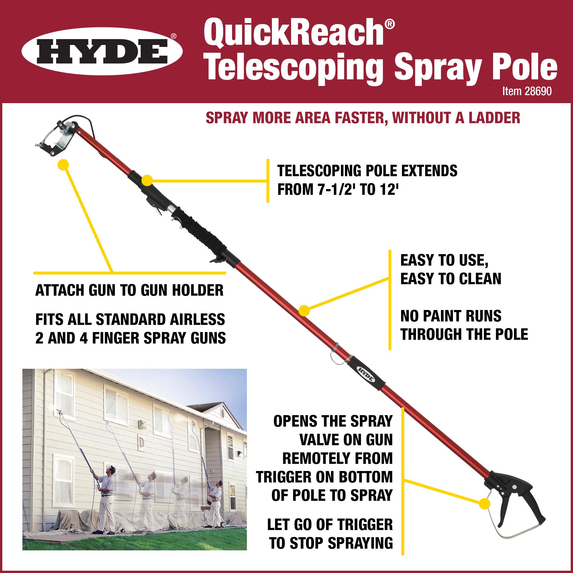 HYDE 28690 QuickReach Telescoping Pole, Extends from 7-1/2 to 12 Feet, Multi Colored