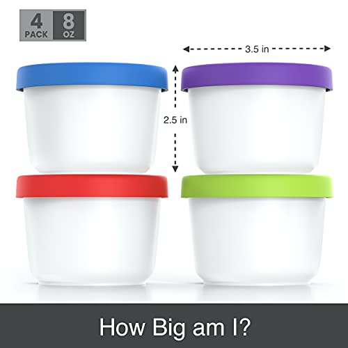 BALCI - 8oz Mini Ice Cream Containers with Silicone Lids (Set of 4) - Freezer Food Storage Containers, Reusable, LeakProof, For Homemade IceCream Containers - Blue. Red, Green, Purple