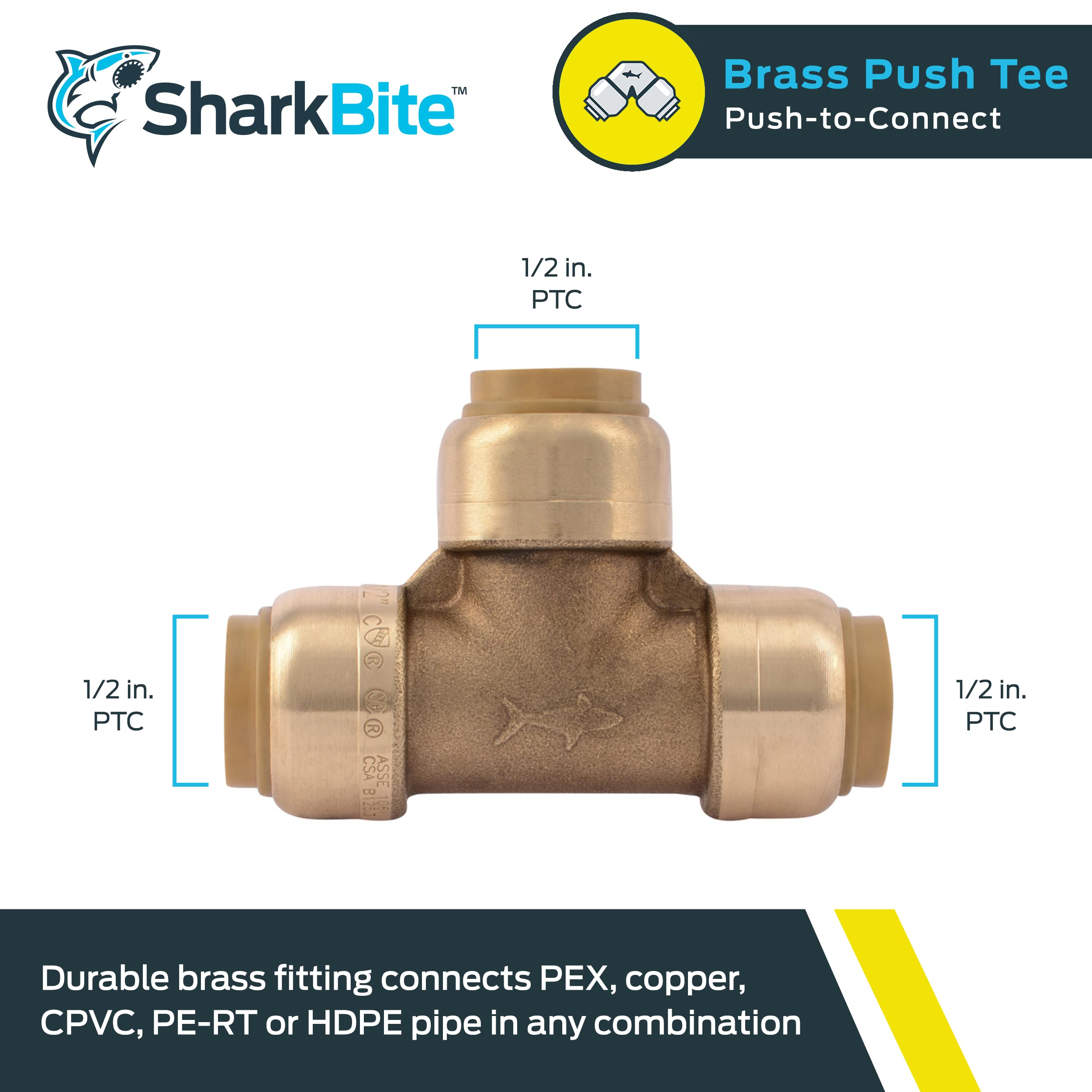 SharkBite 1/2 Inch Tee, Push to Connect Brass Plumbing Fitting, PEX Pipe, Copper, CPVC, PE-RT, HDPE, U362LFA