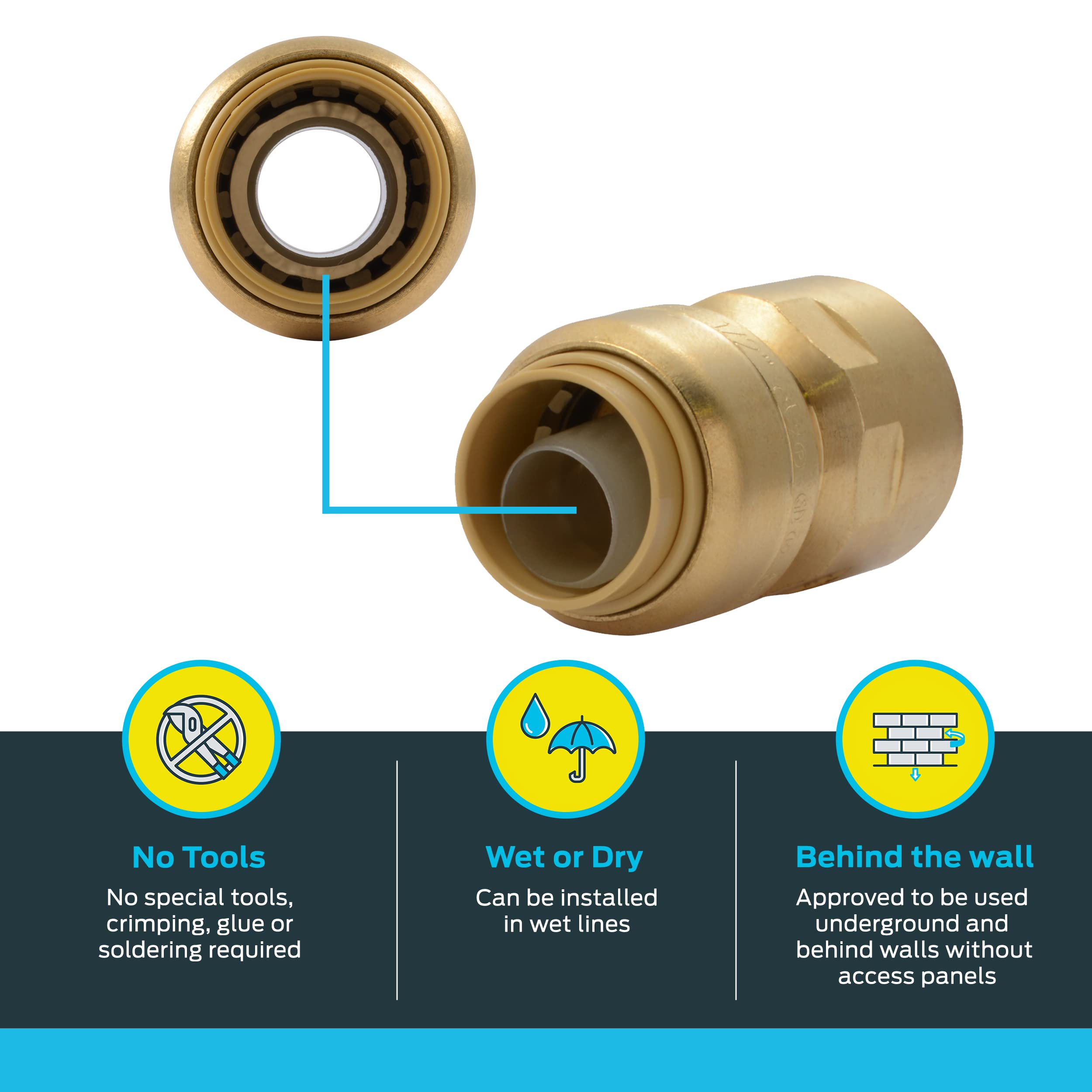 SharkBite 1/2 x 1/2 Inch FNPT Adapter, Push To Connect Brass Plumbing Fitting, PEX Pipe, Copper, CPVC, PE-RT, HDPE, U072LFA