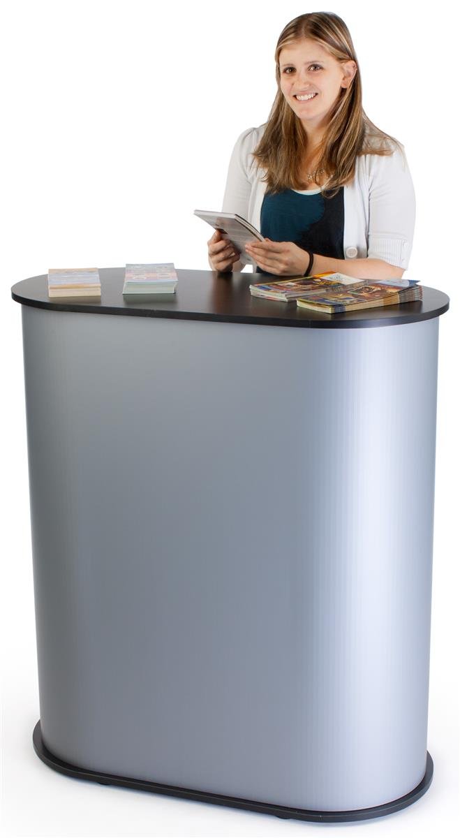 Trade Show Counter with Satin Gray Sidewalls, Interior Shelf, Lightweight Portable Construction.