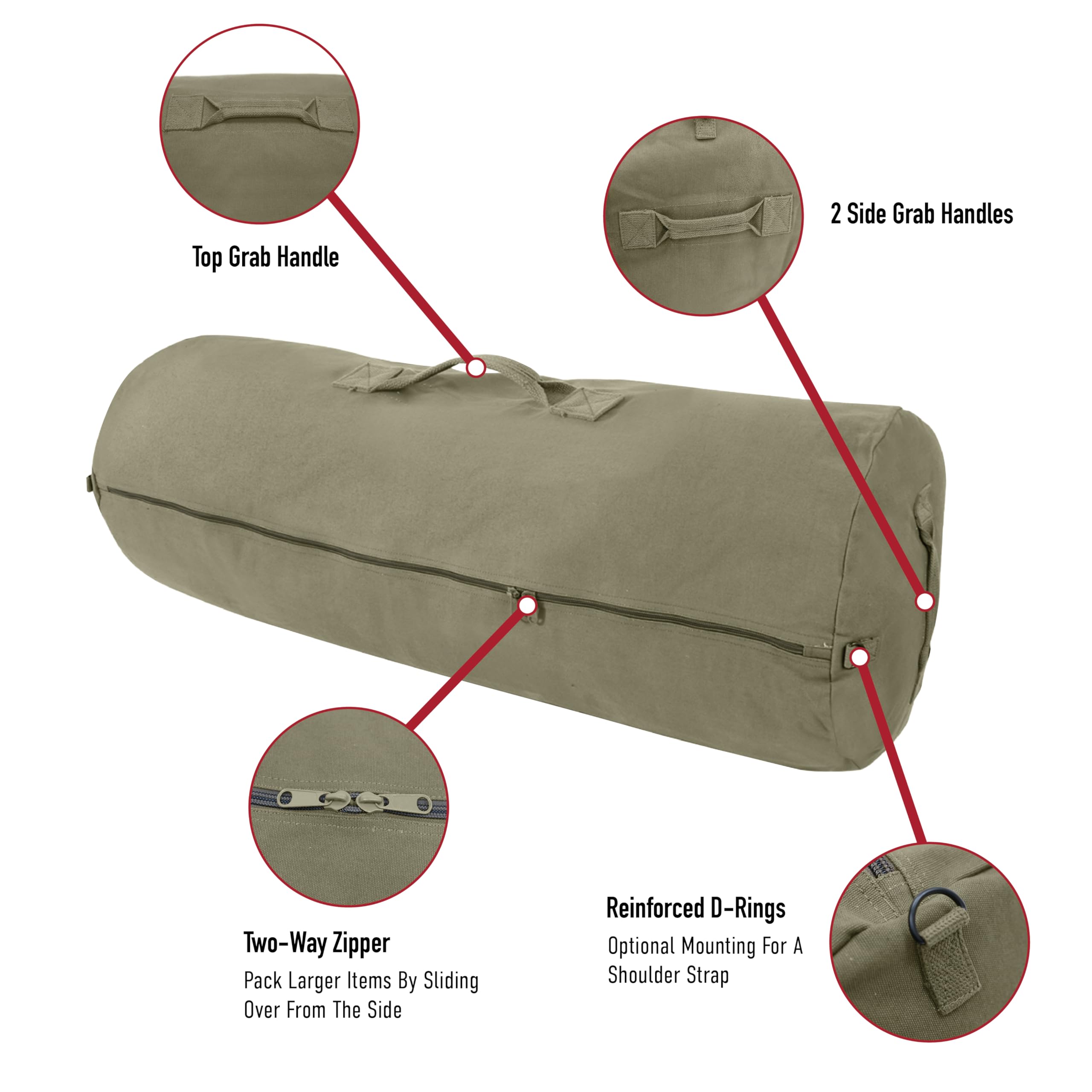 Rothco Canvas Duffle Bag with Side Zipper – Rugged Outdoor Camping Gear Storage – Black – 21" x 36"