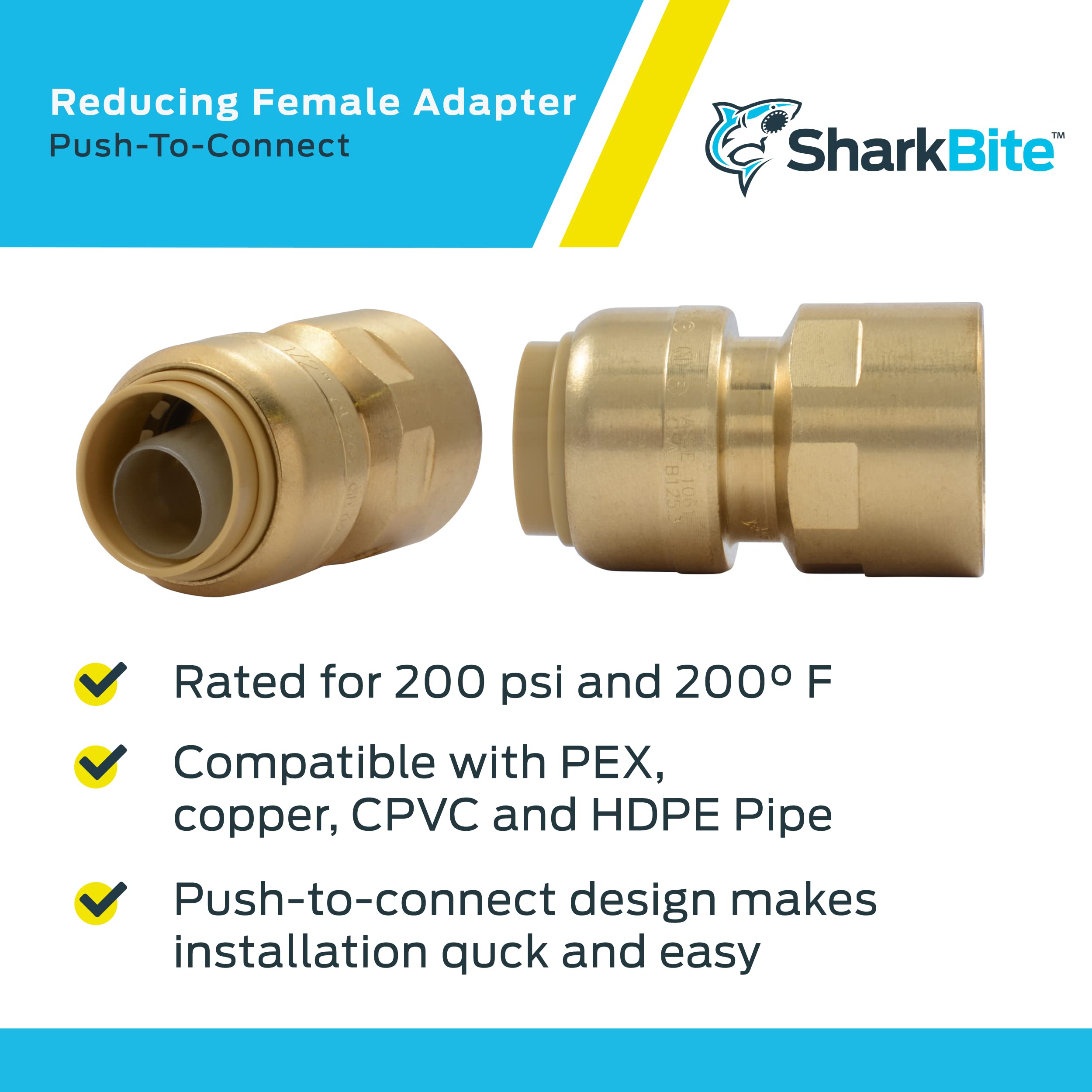 SharkBite 1/2 x 1/2 Inch FNPT Adapter, Push To Connect Brass Plumbing Fitting, PEX Pipe, Copper, CPVC, PE-RT, HDPE, U072LFA