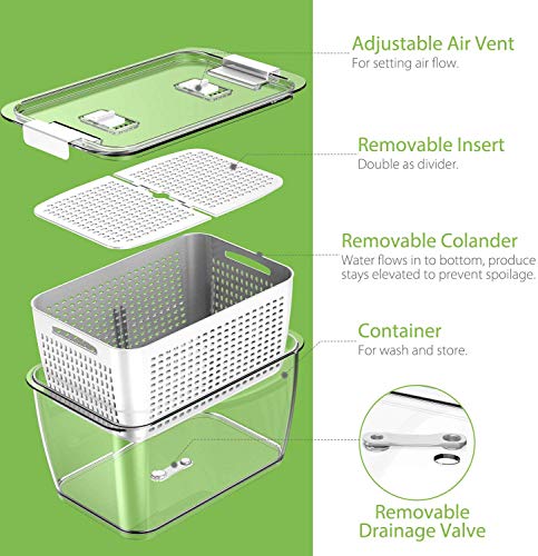 LUXEAR Vegetable Containers for Fridge Produce Saver Container Fruit Storage Organizer 3 Pack BPA-Free Fridge Organize Containerswith Lid & Colander for Salad Lettuce Berry Storage Stay Fresh