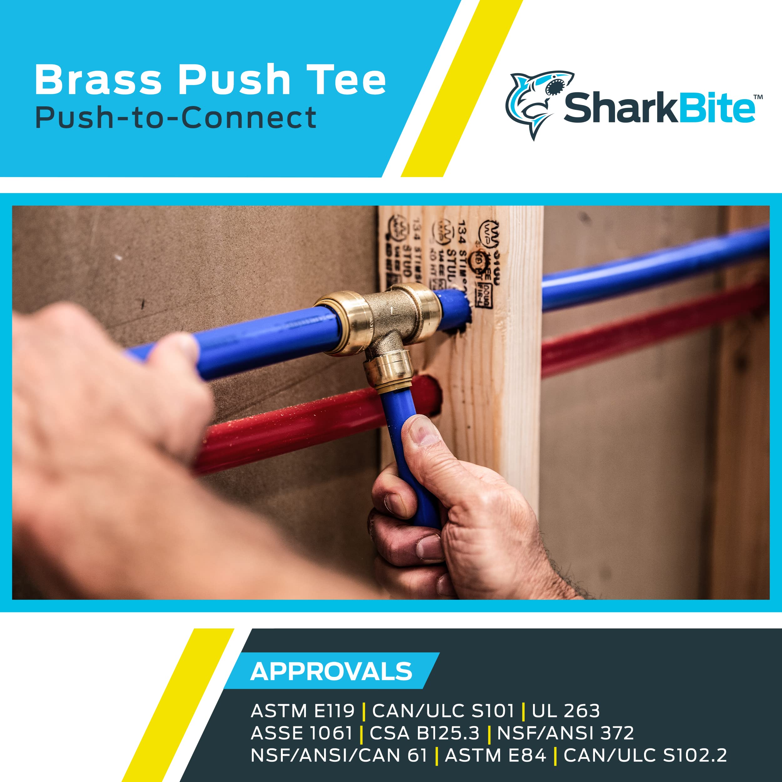 SharkBite 1/2 Inch Tee, Push to Connect Brass Plumbing Fitting, PEX Pipe, Copper, CPVC, PE-RT, HDPE, U362LFA