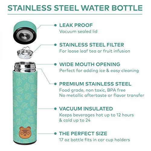 Controller Gear Animal Crossing 17oz, Insulated, Stainless Steel, Leak Proof, Water Bottle (Teal Leaves)