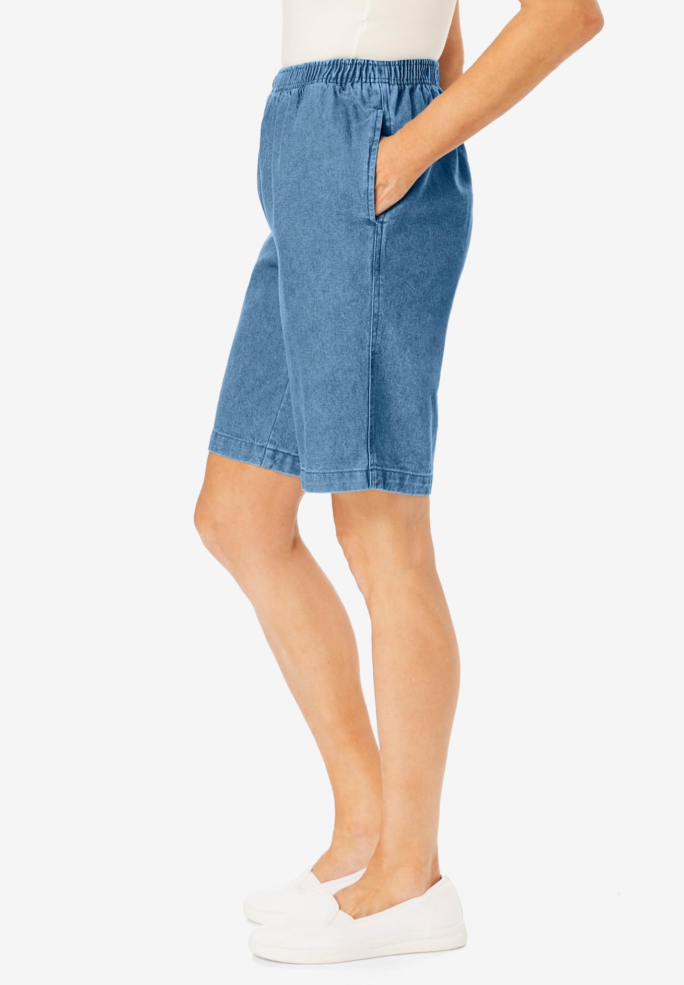 Woman Within Women's Plus Size 7-Day Elastic-Waist Cotton Denim Short - 22 W, Light Stonewash