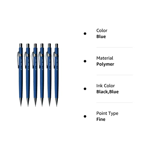 Pentel 0.7mm (P207-C) Blue P200 Series Automatic Mechanical Drafting Pencil Refillable Lead Eraser (Pack Of 6)