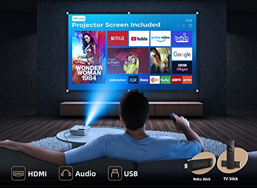 Native 1080P Bluetooth Projector with 100'' Screen, ALVAR 10000 Lux & 400 ANSI Portable Outdoor Movie Mini Projector, 60000 Hrs LED Lamp Life, Compatible with TV Stick, HDMI and USB
