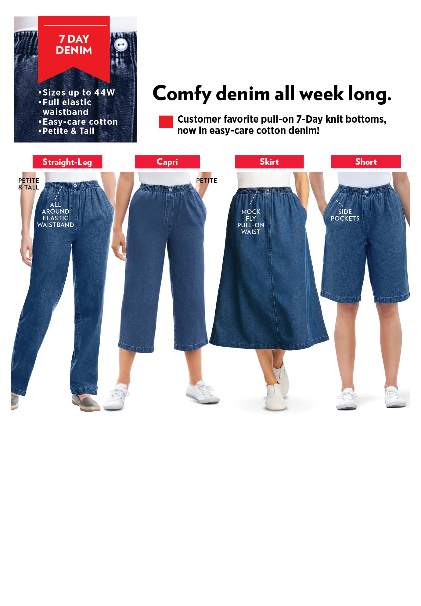 Woman Within Women's Plus Size 7-Day Elastic-Waist Cotton Denim Short - 22 W, Light Stonewash