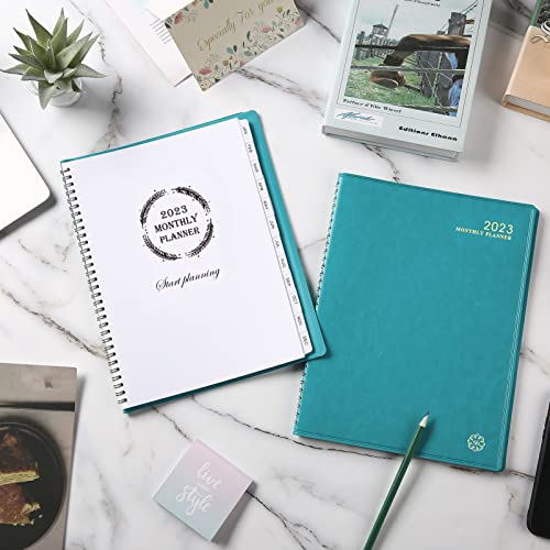 2023 Monthly Planner/Calendar - Monthly Planner from January 2023 - December 2023, Leather Calendar Planners with Tabs, Twin-Wire Binding and Double Side Clear Inner Pocket, 9" x 11", Plain/Blank Writing Blocks