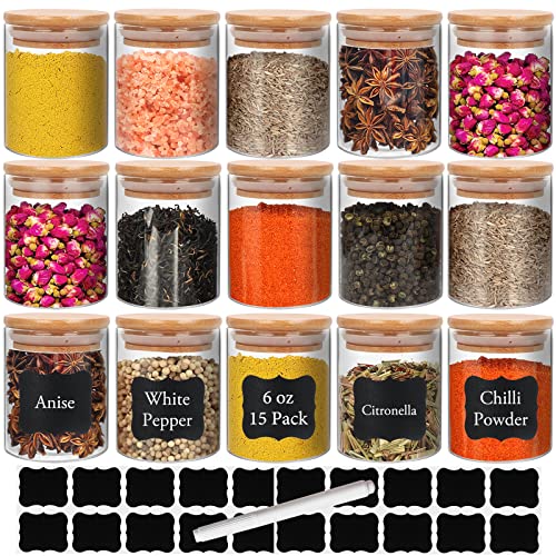 6 oz Glass Jars with Bamboo Lids , Borosilicate Glass Airtight Canisters sets, Glass Food Storage Container, Pantry Organization and Storage Jars, Kitchen Canisters Sets, Spice Jars of 15