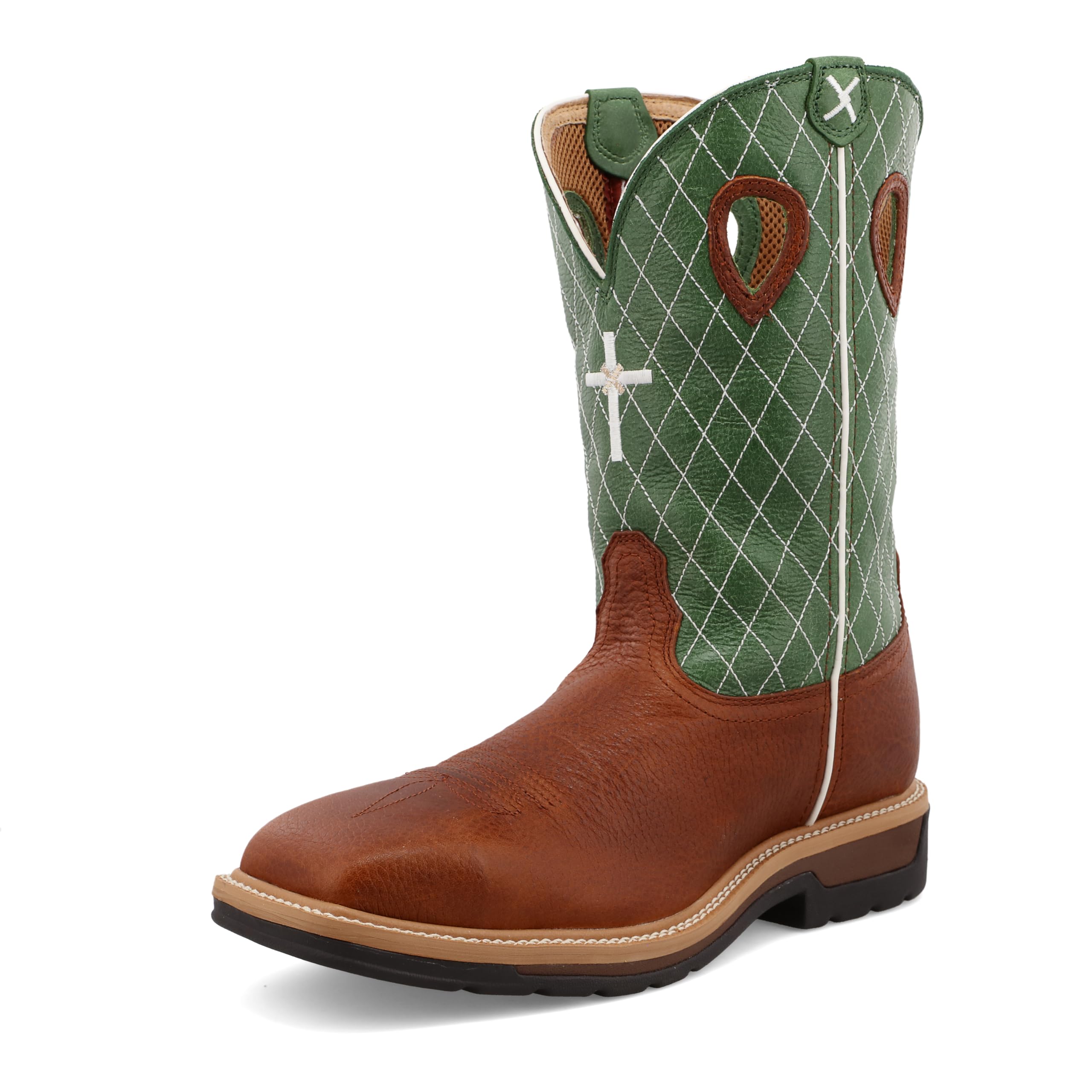 Twisted X Men's 12" Western Work Boot, Square Toe Steel Toe, Cognac Glazed Pebble & Lime, 11.5 D