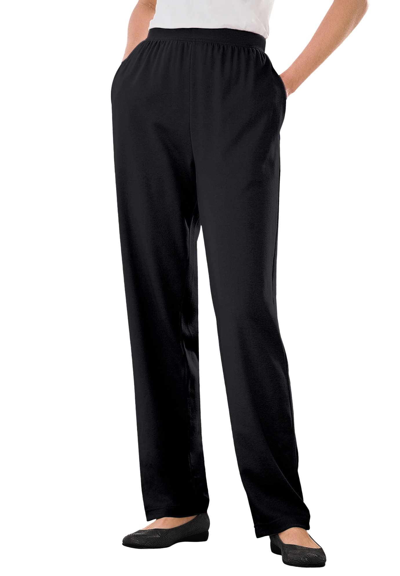 Woman Within Plus Size 7-Day Knit Straight Leg Pant Stretch Elastic Waist Petite & Tall - 1X, Black