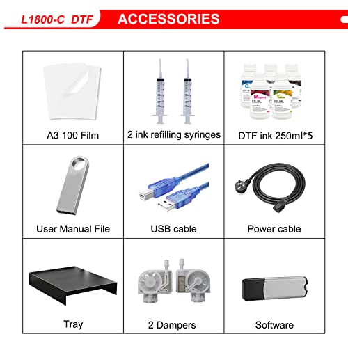 DTF Printer A3 L1800 Transfer Printer Machine Built-in White Ink Circulation System for Dark/Light T-Shirts, Hoodie,Pillow,Different Fabrics (DTF Printer +Oven+5 x 250ml Ink+100pcs PET Film)