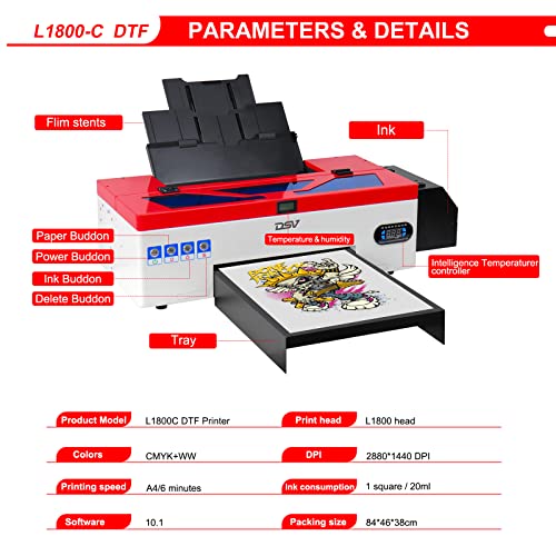 DTF Printer A3 L1800 Transfer Printer Machine Built-in White Ink Circulation System for Dark/Light T-Shirts, Hoodie,Pillow,Different Fabrics (DTF Printer +Oven+5 x 250ml Ink+100pcs PET Film)