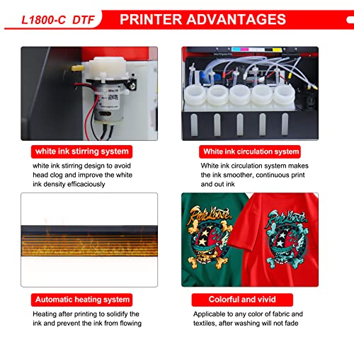DTF Printer A3 L1800 Transfer Printer Machine Built-in White Ink Circulation System for Dark/Light T-Shirts, Hoodie,Pillow,Different Fabrics (DTF Printer +Oven+5 x 250ml Ink+100pcs PET Film)