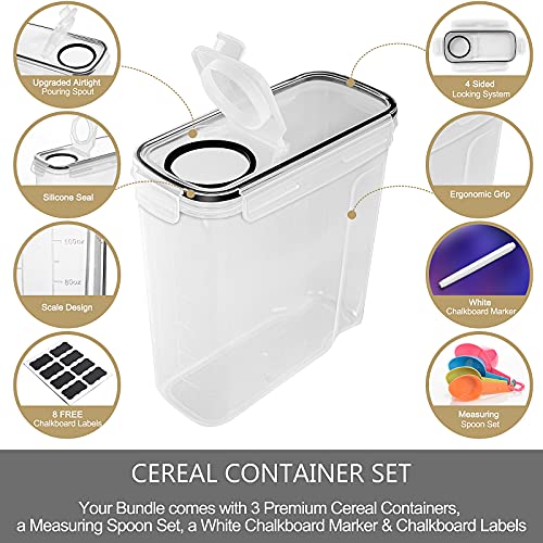 3 Pk Cereal Containers Storage Set 135.2oz/4L Each, Airtight Food Storage Containers, Large Cereal Dispenser, Kitchen Pantry Organization Containers, with Labels and Measuring Spoons