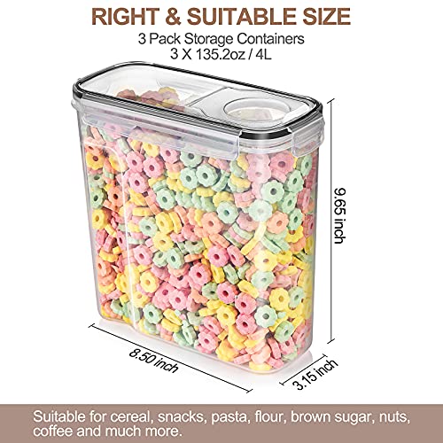 3 Pk Cereal Containers Storage Set 135.2oz/4L Each, Airtight Food Storage Containers, Large Cereal Dispenser, Kitchen Pantry Organization Containers, with Labels and Measuring Spoons