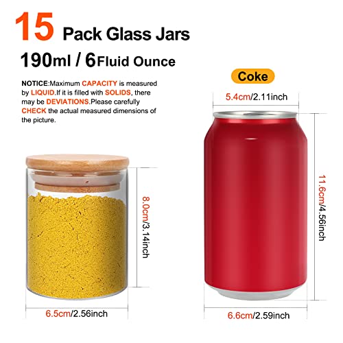 6 oz Glass Jars with Bamboo Lids , Borosilicate Glass Airtight Canisters sets, Glass Food Storage Container, Pantry Organization and Storage Jars, Kitchen Canisters Sets, Spice Jars of 15