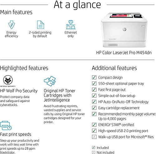 HP Laserjet Pro M454dn Wired Color Laser Printer- Print only - 2.7" Touchscreen Display, 28 ppm, Automatic 2-Sided Printing, 600 x 600 dpi, 8.5 x 1, Ethernet- WULIC Printer Cable