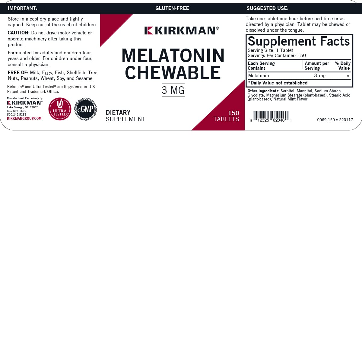 Kirkman - Melatonin 3mg - 150 Chewable Tablets - Refreshing Mint Flavor - Hypoallergenic
