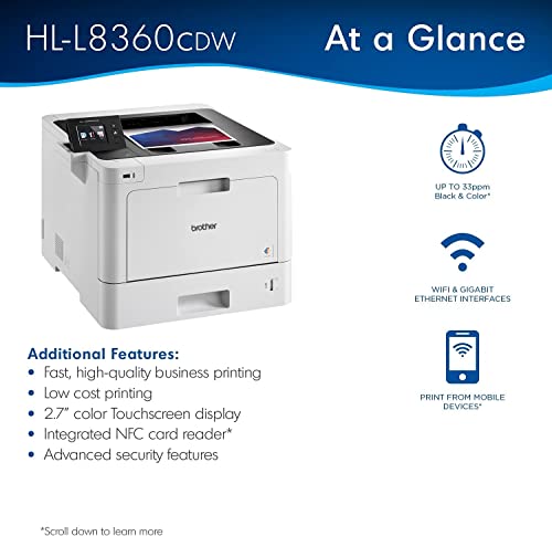 Brother HL-L8360CDW Wireless Single-Function Color Laser Printer - Print Only - USB, Ethernet, WiFi, NFC Connectivity, 2.7" Touchscreen LCD, 31 ppm, 600 x 2400 dpi, Auto Duplex Printing (Renewed)