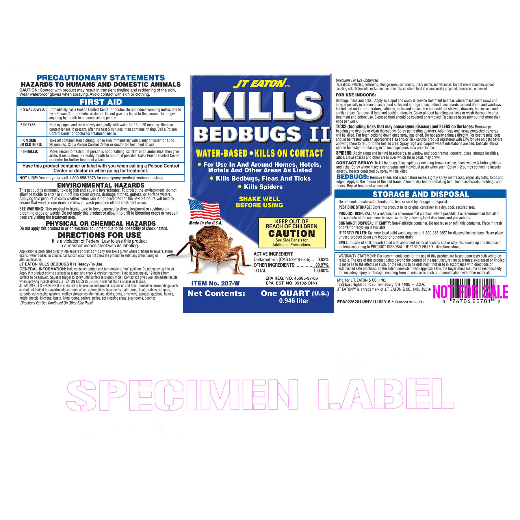 JT Eaton 207-W Bed Bug Killer II Spray, Water-Based Insect Spray, Ready-to-Use Quart Bottle for Indoor Use