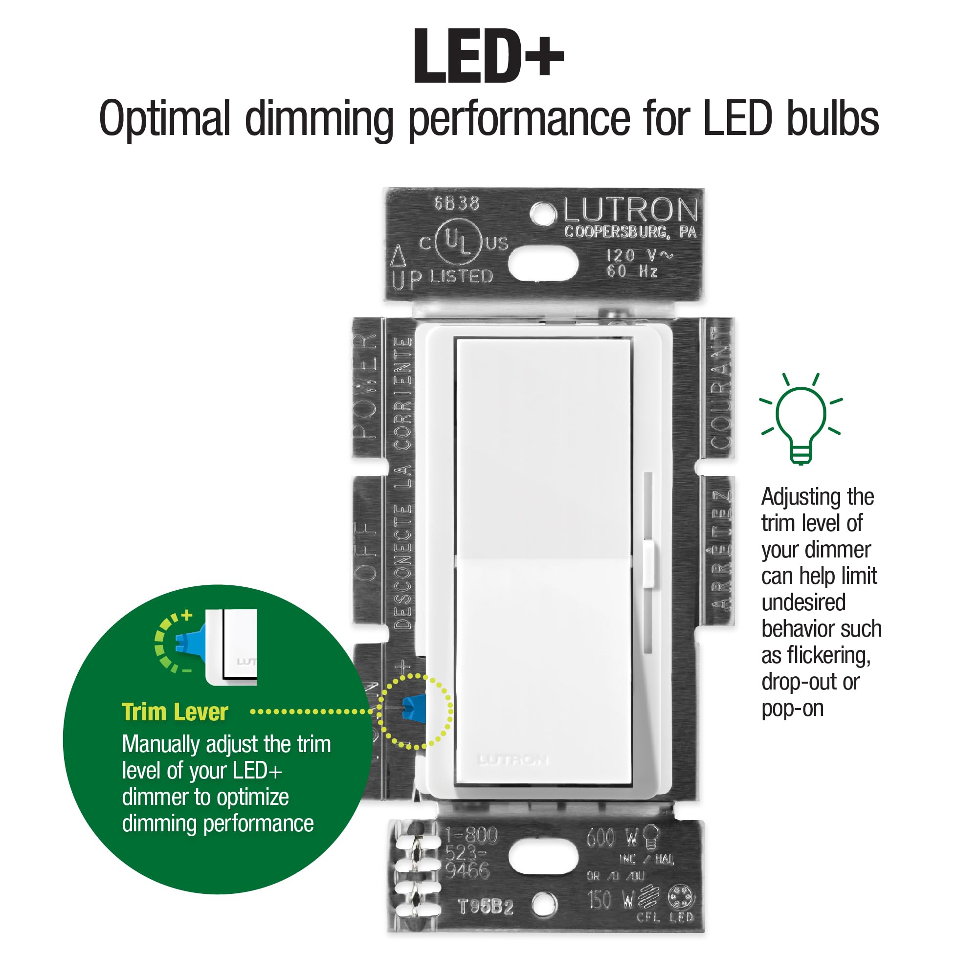 Lutron Diva LED+ Dimmer Switch for Dimmable LED, Halogen and Incandescent Bulbs, 150 Watt, Single-Pole or 3-Way, DVCL-153P-BR, Brown