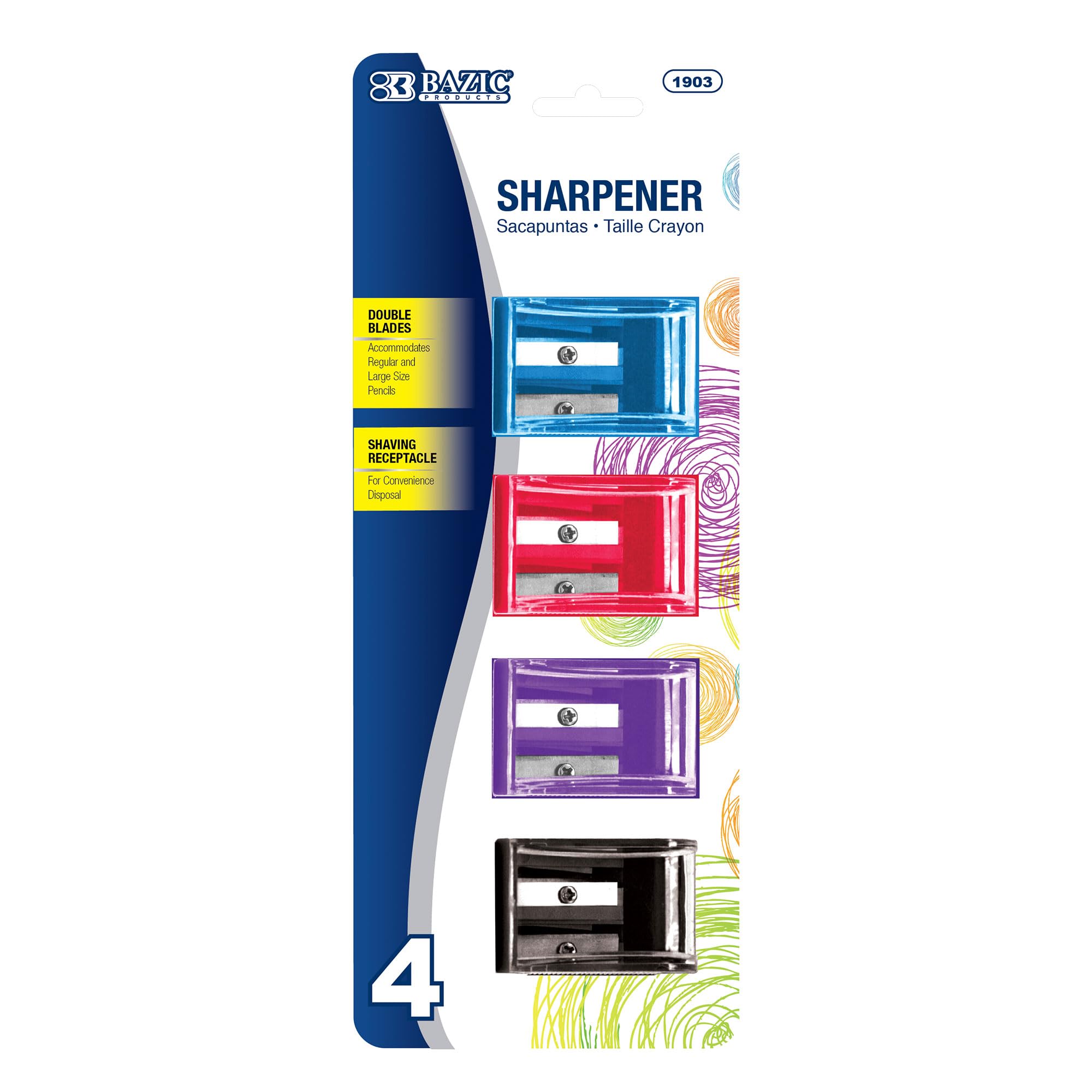BAZIC Products Dual Blades Square Sharpener w/Receptacle (4/Pack), Red/Green/Blue/Black