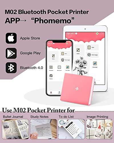 Phomemo M02 Mini Bluetooth Label Maker with 1 White/Clear/Silver Glitter Sticker Paper, Pink